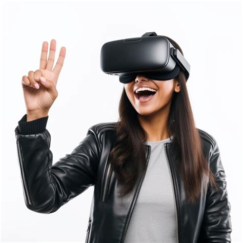 Premium Photo Young Female Smiles With A Vr Headset On A White Background