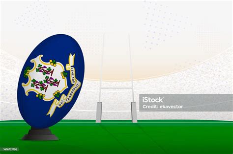 코네티컷 대표팀 럭비 공은 럭비 경기장과 골 포스트에서 페널티 킥이나 프리킥을 준비합니다 게이트에 대한 스톡 벡터 아트 및 기타