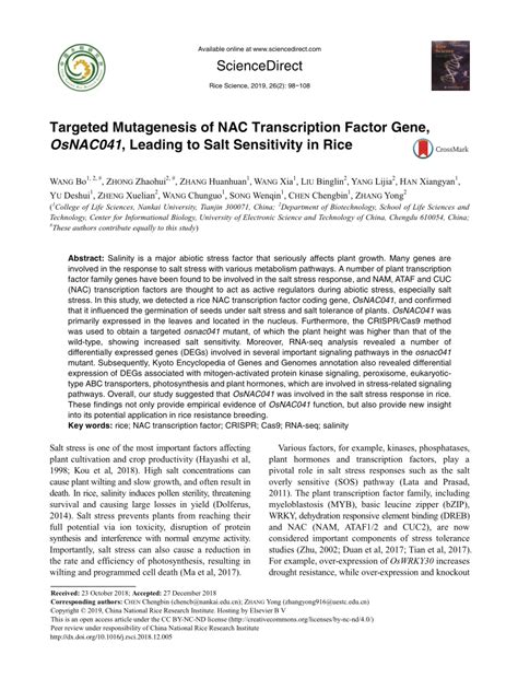 Pdf Targeted Mutagenesis Of Nac Transcription Factor Gene Osnac041 Leading To Salt