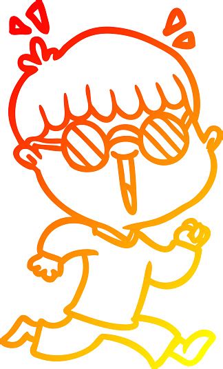 안경을 쓰고 만화 달리는 소년의 따뜻한 그라데이션 선 그림 귀여운에 대한 스톡 벡터 아트 및 기타 이미지 귀여운 그라데이션