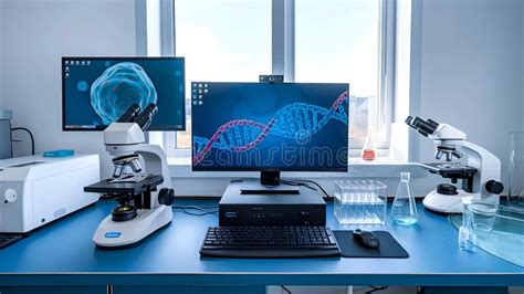 A Modern Laboratory Workspace With Two Microscopes A Computer