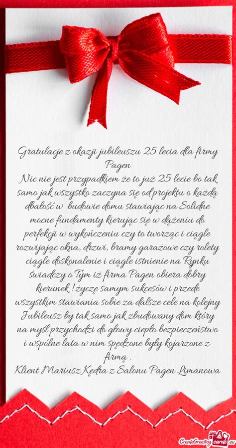 Gratulacje Z Okazji Jubileuszu 25 Lecia Dla Firmy Pagen Darmowe Kartki