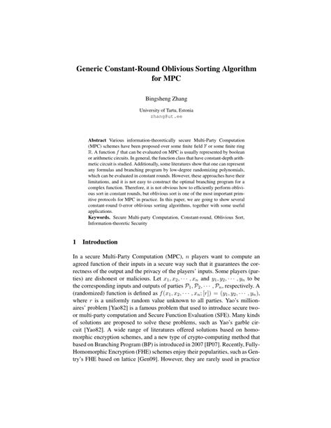 PDF Generic Constant Round Oblivious Sorting Algorithm For MPC