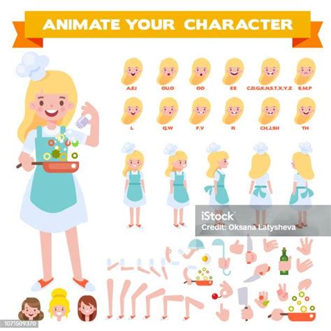 요리 요리사 여자 창조와 다양 한 플레이 헤어스타일 얼굴 감정 포즈 제스처 설정 가정 주방에 대한 스톡 벡터 아트 및 기타