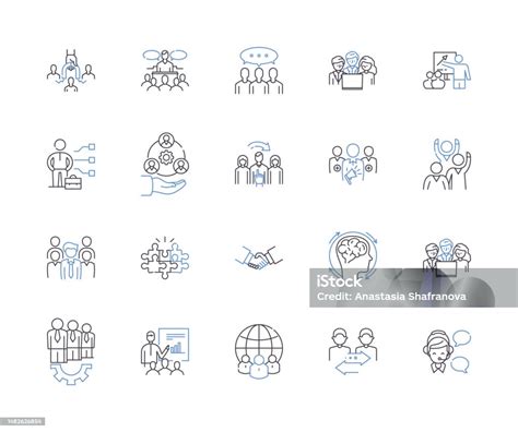 팀 빌딩 기본 개요 아이콘 모음 팀워크 커뮤니케이션 협업 신뢰 존중 리더십 협상 벡터 및 일러스트레이션 개념 세트 계획 위임 문제 해결 선형 표지판 감탄에 대한 스톡 벡터