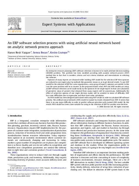 Pdf An Erp Software Selection Process With Using Artificial Neural