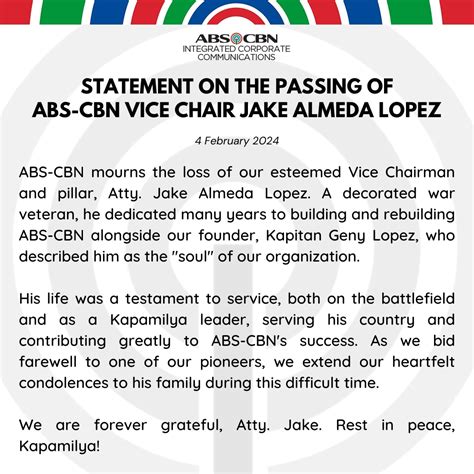 Statement On The Passing Of Abs Cbn Vice Chair Jake Almeda Lopez