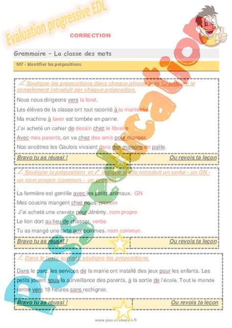 Identifier les prépositions Examen Evaluation progressive eme Primaire Cycle PDF à