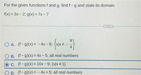 solved for the given functions f and g find f−g and state