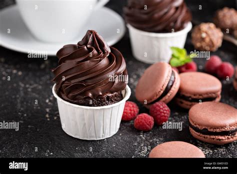 Petits gâteaux au chocolat avec glaçage brillant et épais Photo Stock