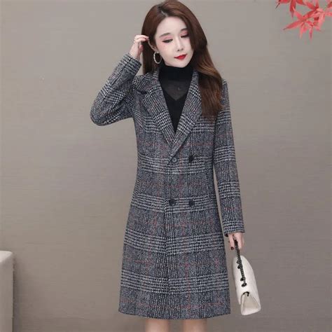 Badu Bg Ново есенно зимно яке Дамско вълнено палто Решетъчни палта Средно дълги ежедневни топли