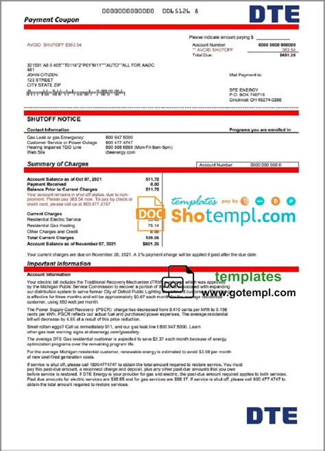 USA Michigan DTE Energy Utility Bill Template In Word And PDF Format