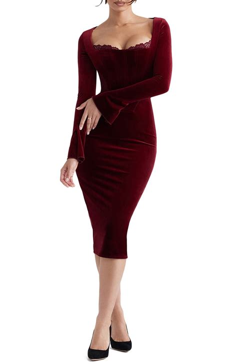 House Of Cb Solaine Lace Trim Long Sleeve Velvet Midi Dress Nordstrom