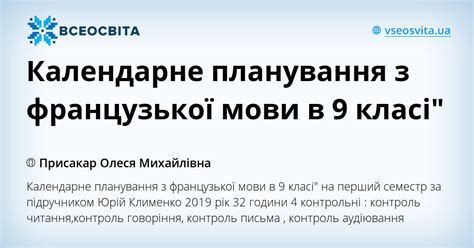 Календарне планування з французької мови в 9 класі Робоча програма Французька мова