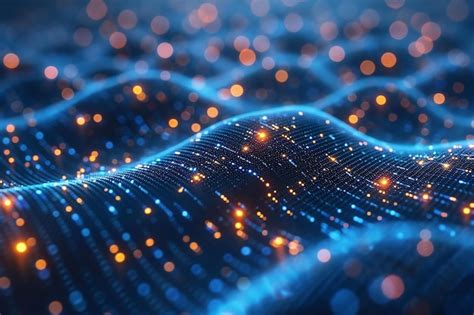 Dark Blue Background With Digital Data And Code Particles Forming Abstract Grid Pattern