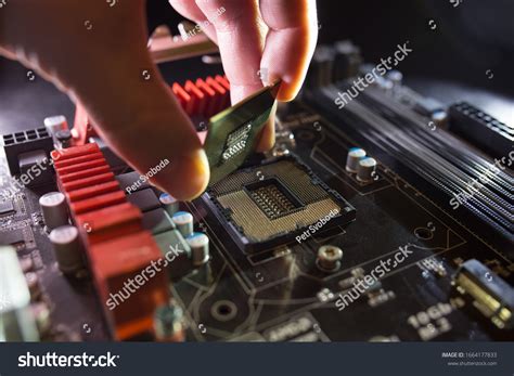 Technician Plug Cpu Microprocessor Motherboard Socket Stock Photo Edit