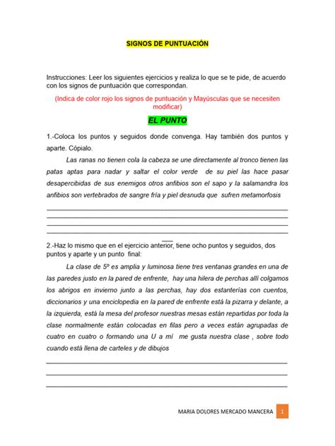Signos De Puntuación Ejerciciosdocx Pdf