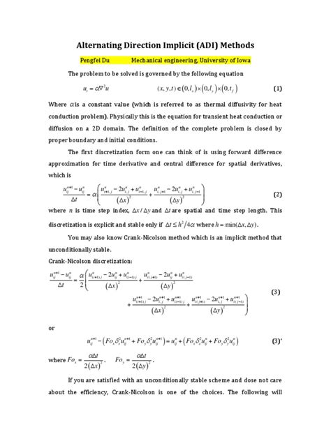 Alternating Direction Implicit Adi Methods U U Xyt L L T Pdf