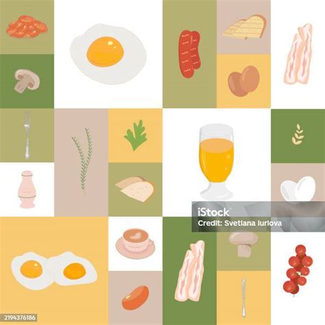 다채로운 벡터 아침 식사 맛있는 음식 좋은 아침 요소 세트 토스터 계란 신선한 주스 커피 포트 찻 주전자 찻잔 베이컨 0명에