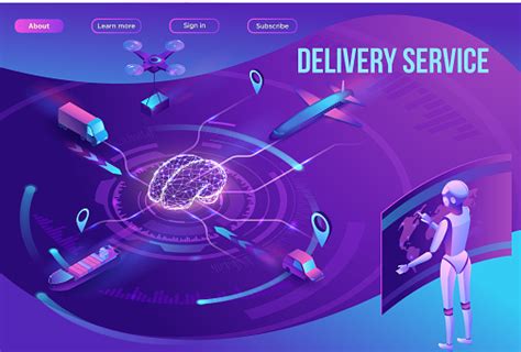 트럭 스마트 물류 회사 일러스트레이션 인공 지능 관리 운송 시스템 지도 비행기 자동차 착륙 페이지 템플릿이있는 로봇 시청 화면이