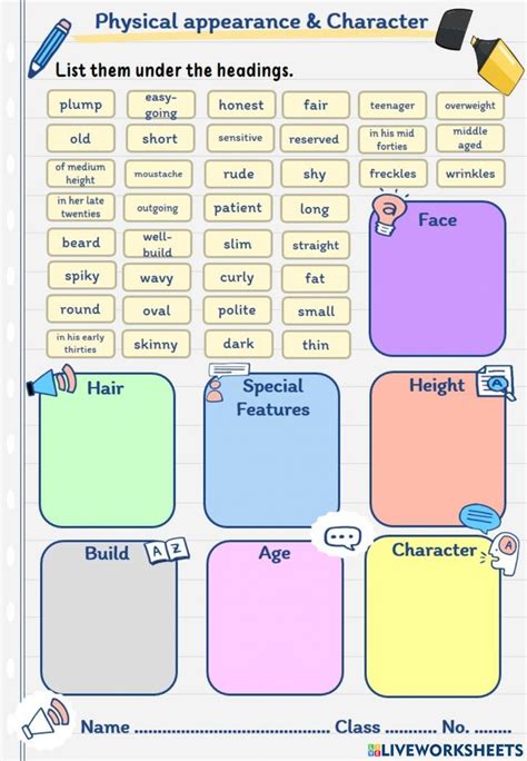 Physical Appearance And Character Worksheet Character Worksheets