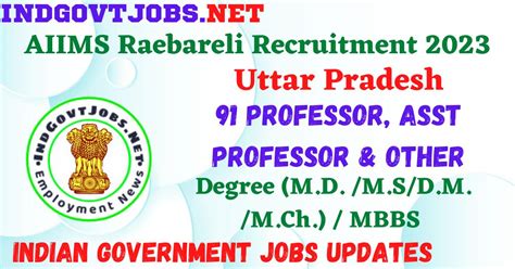 Aiims Raebareli Recruitment 2023 91 Professor Asst Professor And Other