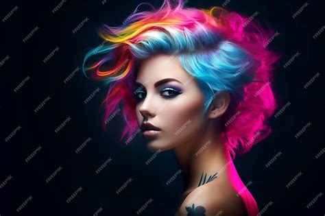 Premium Ai Image Portrait Of A Beautiful Girl With Rainbow Neon