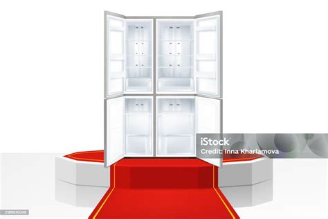 빨간 길과 양문 냉장고가 있는 조명이 켜진 연단 또는 받침대 문이 열린 냉장고 가전 제품의 현대적이고 현실적인 3d 벡터 그림 정면도 클로즈업 3차원 형태에 대한 스톡 벡터