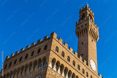 Great Close Up Corner View Of The Famous Cubical Palazzo Vecchio Museum