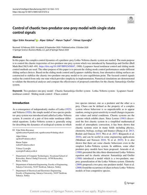 Control Of Chaotic Two Predator One Prey Model With Single State Control Signals Request Pdf