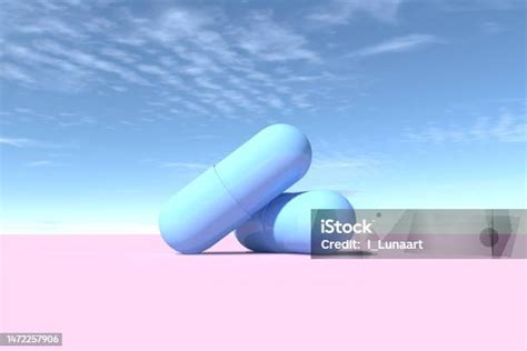 하늘 배경에 파란색 약 알약 캡슐 조롱 태블릿 의료 및 건강 개념 복사 공간 3d 렌더링 0명에 대한 스톡 사진 및 기타 이미지