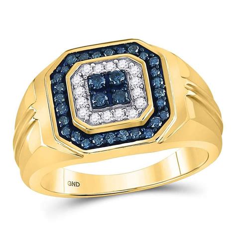 10k Yellow Gold Mens Round Blue Color Enhanced Diamond Square Ring 58