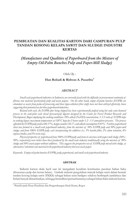 Pdf Pembuatan Dan Kualitas Karton Dari Campuran Pulp Tandan Kosong