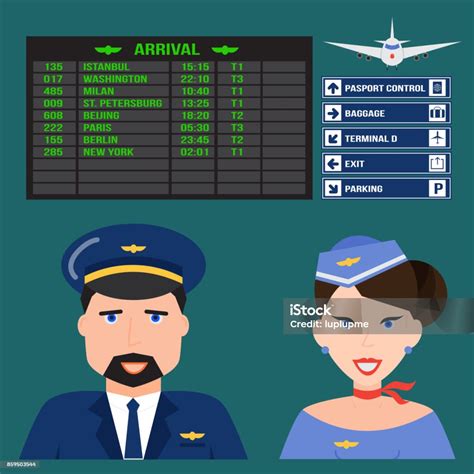 조종사와 스튜 어디 스 유니폼 공항 문자 비행 비행기에서 여행 사람들이 전화 교환 전문 사람 벡터 일러스트 레이 션 공항에 대한 스톡 벡터 아트 및 기타 이미지 Istock