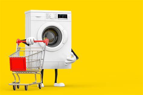 쇼핑 카트 트롤리와 현대 흰색 세탁기 캐릭터 마스코트 3d 렌더링 가사 집안일에 대한 스톡 사진 및 기타 이미지 가사 집안일 가정 생활 고객 Istock