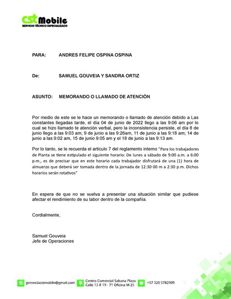 Modelo Llamado De Atenci N O Memorando Para Andres Felipe Ospina