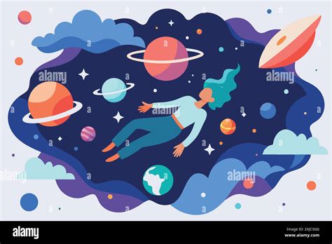 Surreal Illustration Showing A Woman Floating In Space Surrounded By Planets Stars And