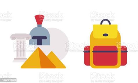 학교 교육 개체 벡터 세트로 골동품 기둥과 피라미드 배낭과 고대 유물 0명에 대한 스톡 벡터 아트 및 기타 이미지 0명