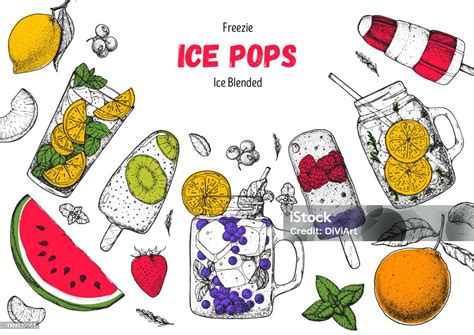 아이스 캔디 아이스크림 손으로 그린 벡터 일러스트 레이 션 아이스 티와 아이스크림 여름 음식과 음료 메뉴 디자인에 대 한 스케치 그림 얼음 팝 컬렉션입니다 개체 그룹에 대한