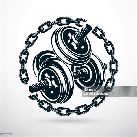 아령 및 디스크 무게 벡터 일러스트 레이 션으로 둘러싸인 철 사슬 크로스 피트와 보디 빌딩 스포츠 장비 Championship에 대한 스톡 벡터 아트 및 기타 이미지
