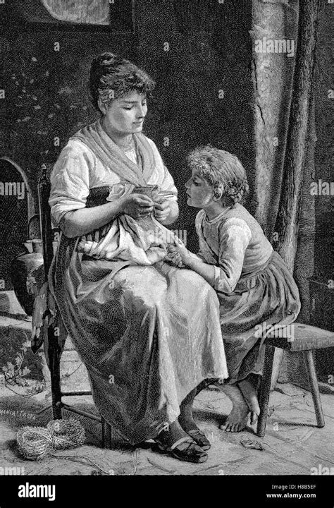 Mother Gives Her Daughter Teaching In Braid Woodcut From 1892 Stock