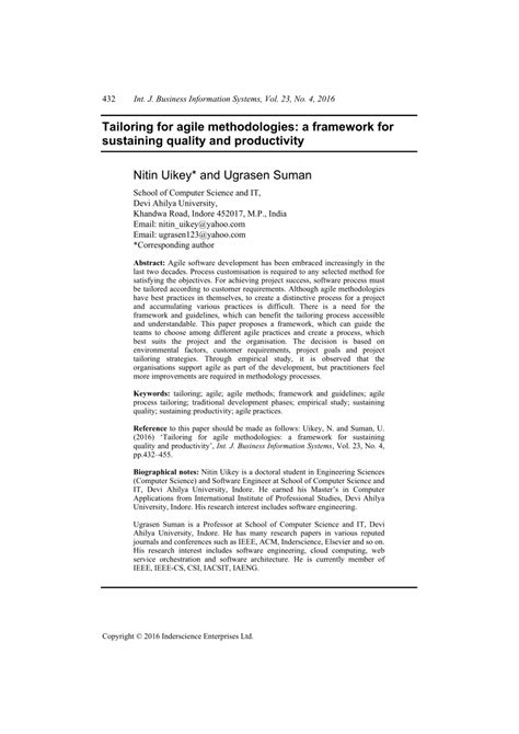 Pdf Tailoring For Agile Methodologies A Framework For Sustaining Quality And Productivity