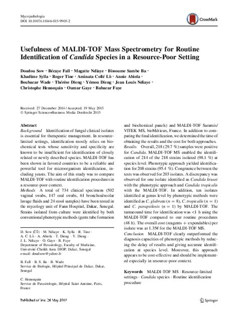 Pdf Usefulness Of Maldi Tof Mass Spectrometry For Routine