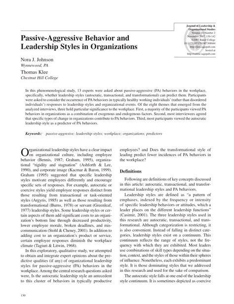 Pdf Passive Aggressive Behavior And Leadership Styles In Organizations
