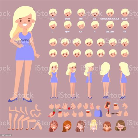 예쁜 금발 머리 여자 드레스 제작에 다양 한 플레이 헤어스타일 얼굴 포즈 감정과 제스처 설정합니다 Lip Synching에 대한