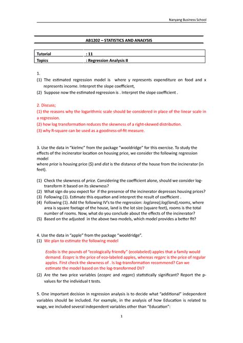 questions week 11 nanyang business school ab1202 statistics and