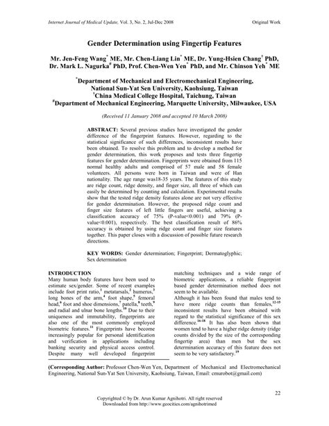 Pdf Gender Determination Using Fingertip Features