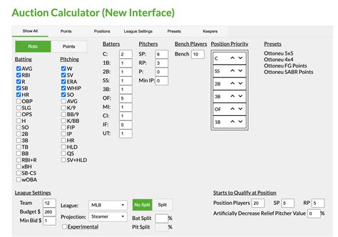 Auction Calculator Interface Update Rotographs Fantasy Baseball