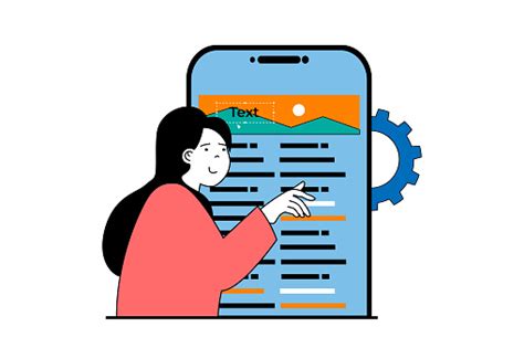 플랫 웹 디자인에서 사람들 장면이 있는 앱 개발 개념입니다 응용 프로그램 스크립트 및 프로그램 코드를 코딩하고 옵토마이징하는 여성 소셜 미디어 배너 마케팅 자료에 대한 벡터