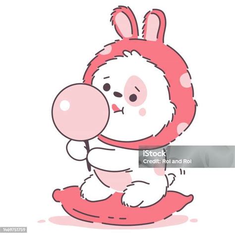 막대 사탕과 토끼 모자를 쓴 귀여운 강아지는 흰색 배경에 격리된 벡터 만화 캐릭터입니다 강아지 어린 동물에 대한 스톡 벡터 아트